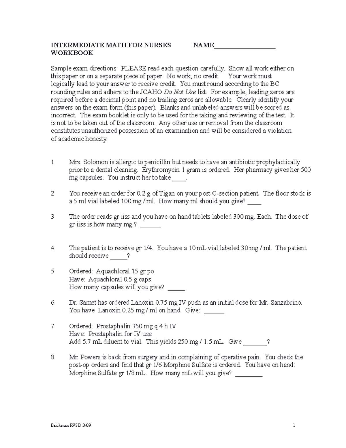 Intermediatemathworkbook 3-09 - INTERMEDIATE MATH FOR NURSES NAME ...