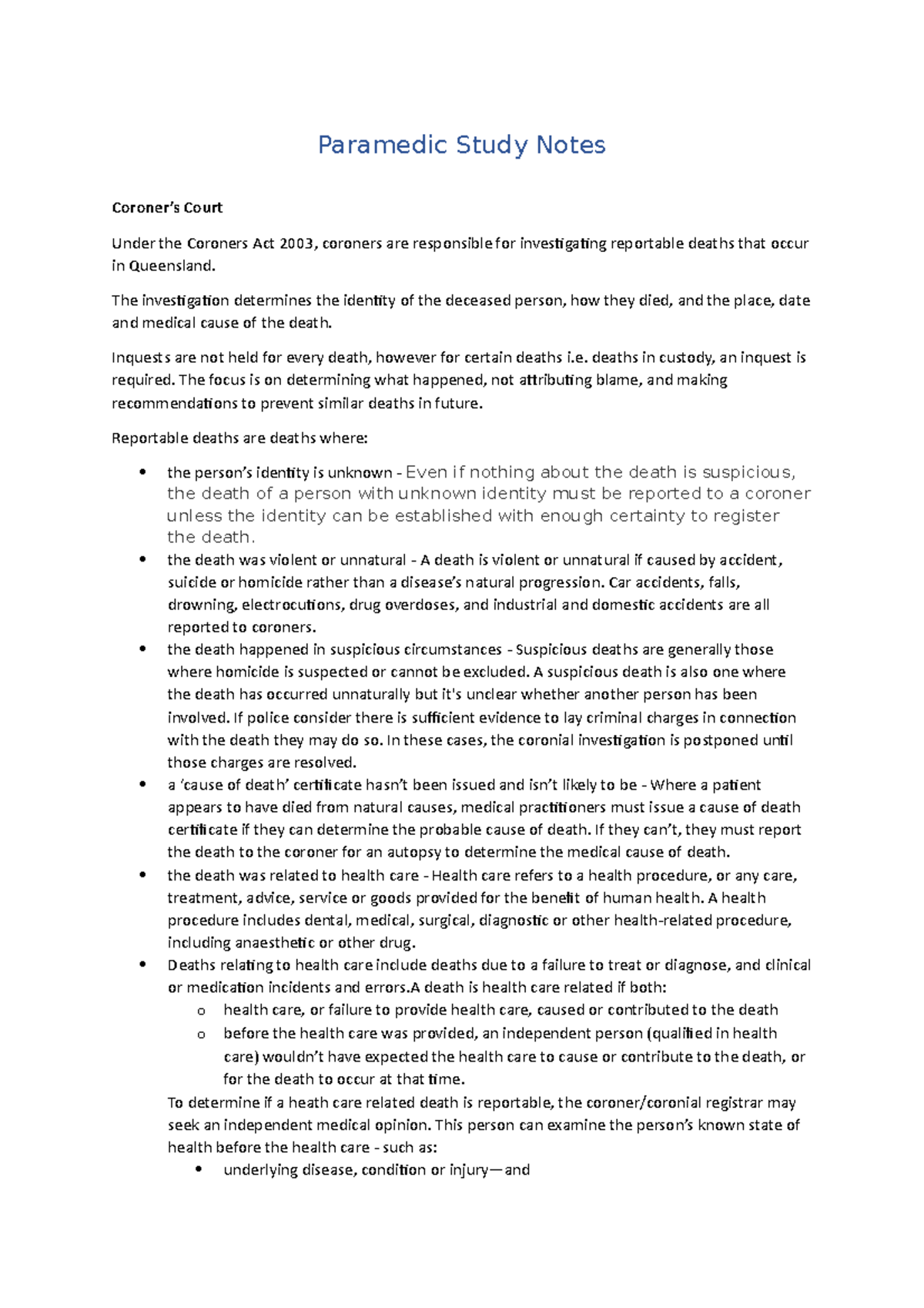 CSB330- Exam Study Notes - Paramedic Study Notes Coroner’s Court Under ...