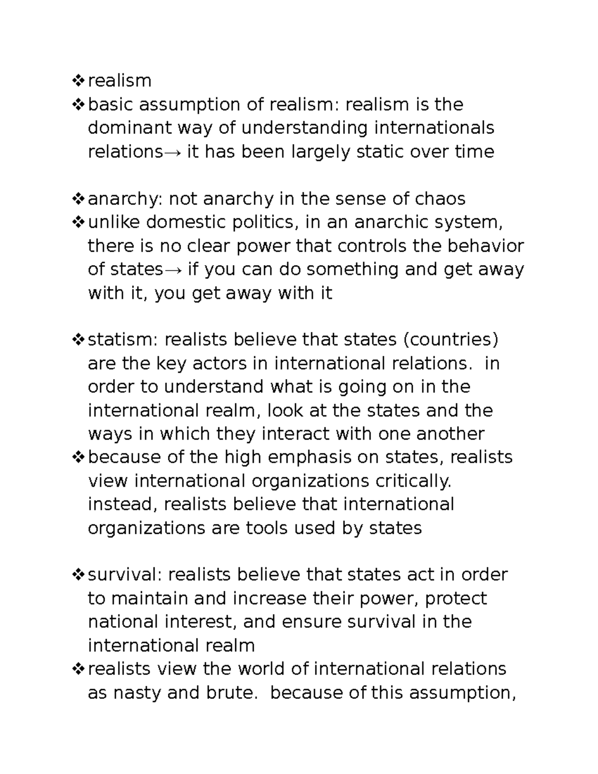 IR Final Study Materials - realism basic assumption of realism: realism ...