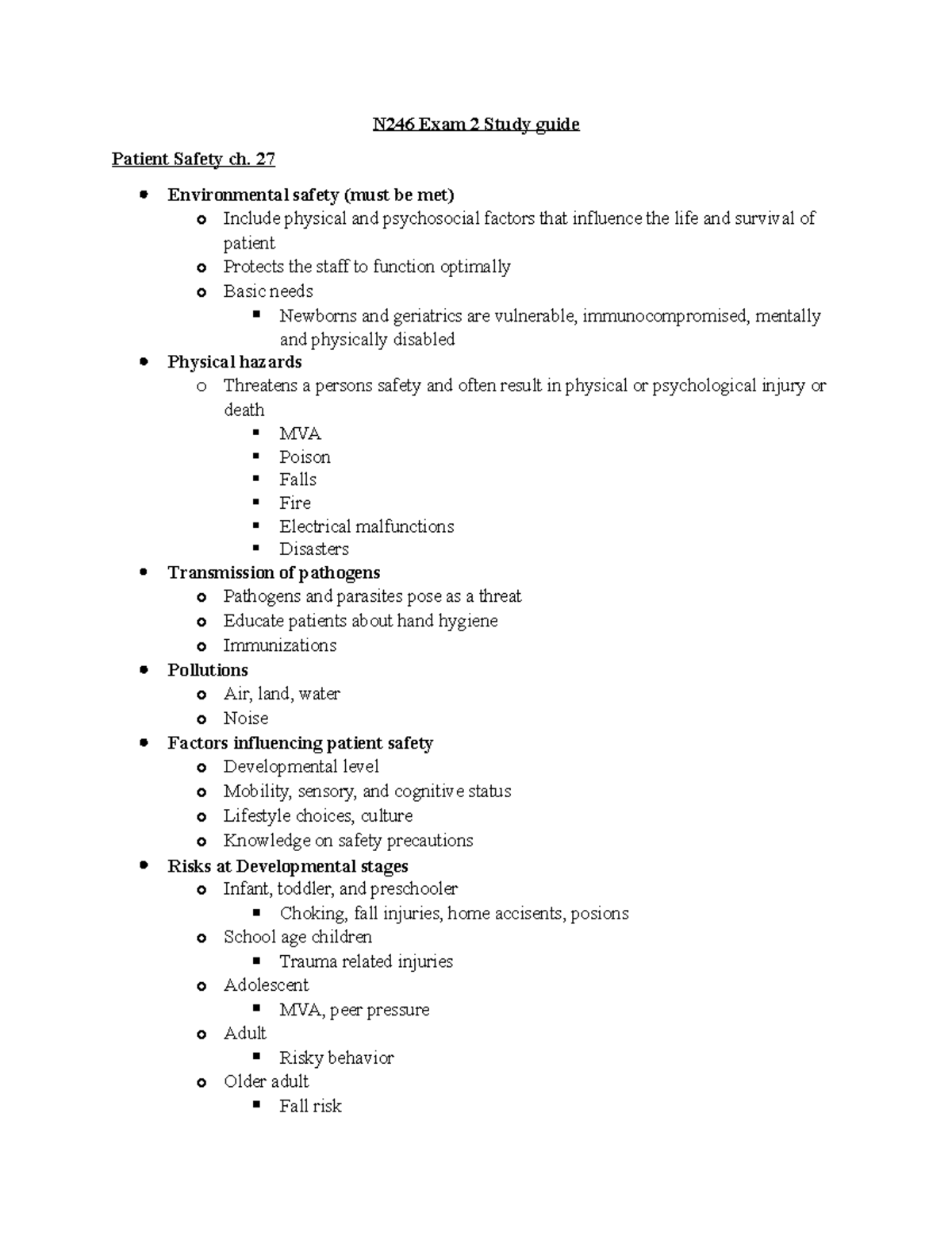N246 Exam 2 Study guide - Notes - N246 Exam 2 Study guide Patient ...