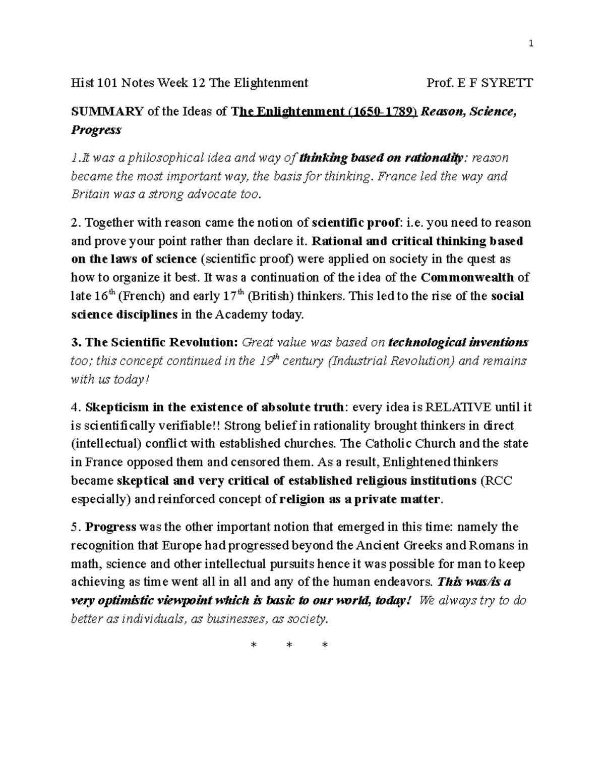 Week 12 summary of Enlightenment - 1 Hist 101 Notes Week 12 The ...