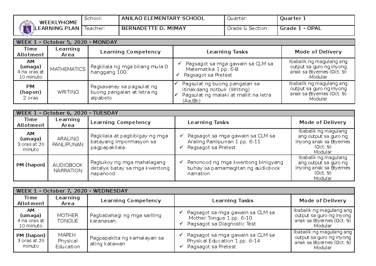 WHLP-Q1W1 - Activities for week 1 - WEEKLYHOME LEARNING PLAN School: ANILAO ELEMENTARY SCHOOL ...
