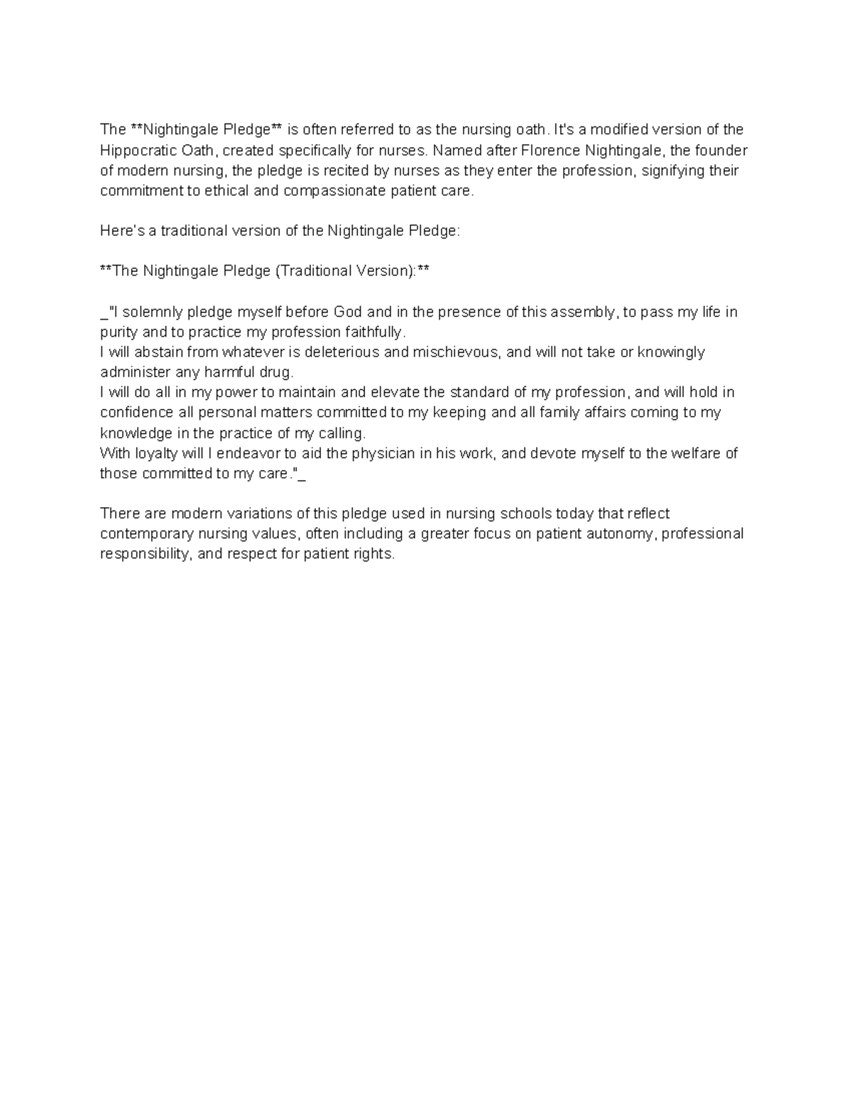 Nightingale Pledge - It's a modified version of the Hippocratic Oath ...