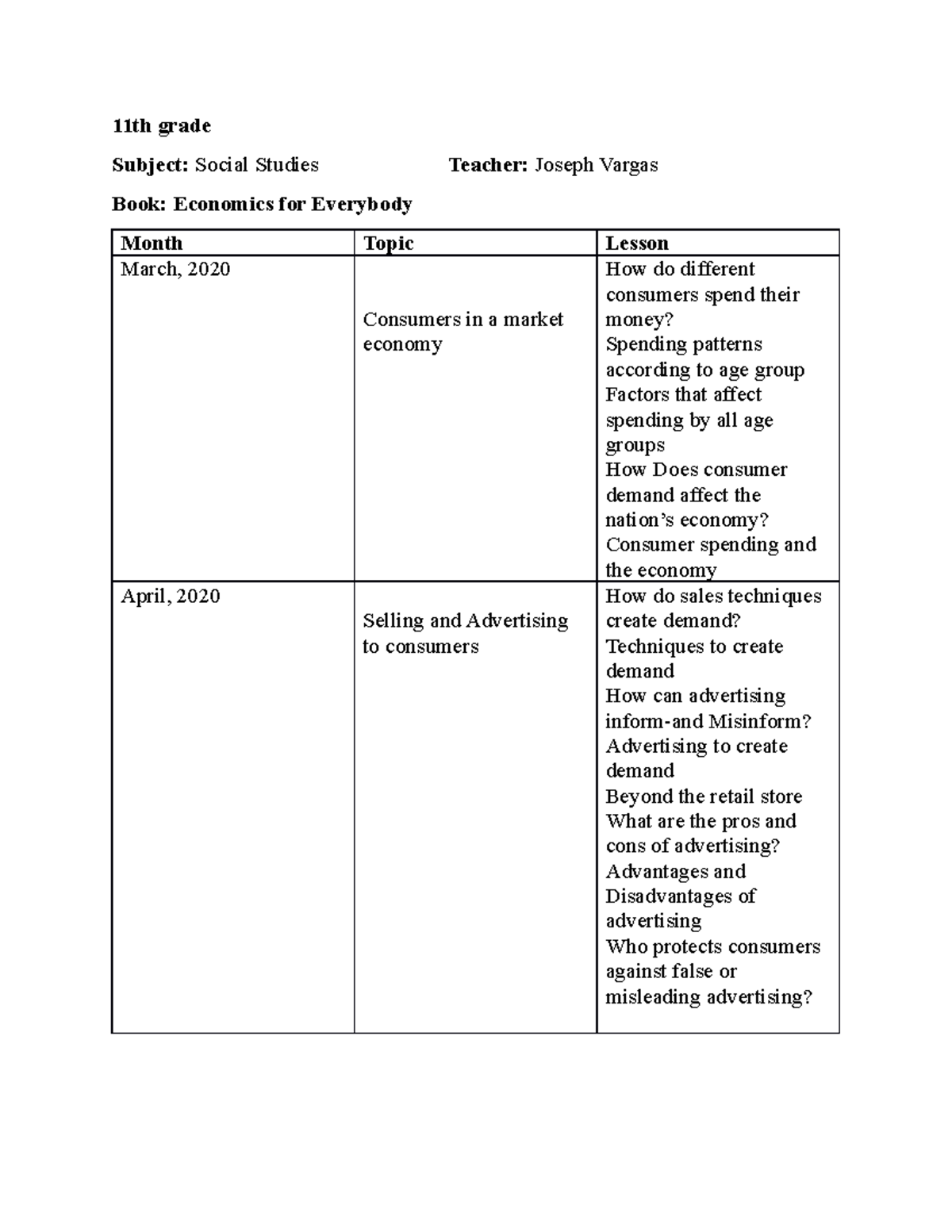 11th grade planning social studies - 11th grade Subject: Social Studies ...