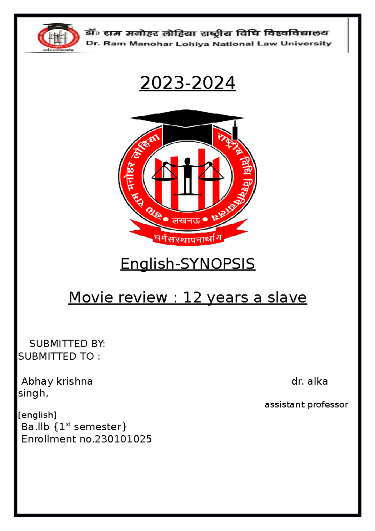 English synopsis sem1 - 2023- English-SYNOPSIS Movie review : 12 years a slave SUBMITTED BY ...
