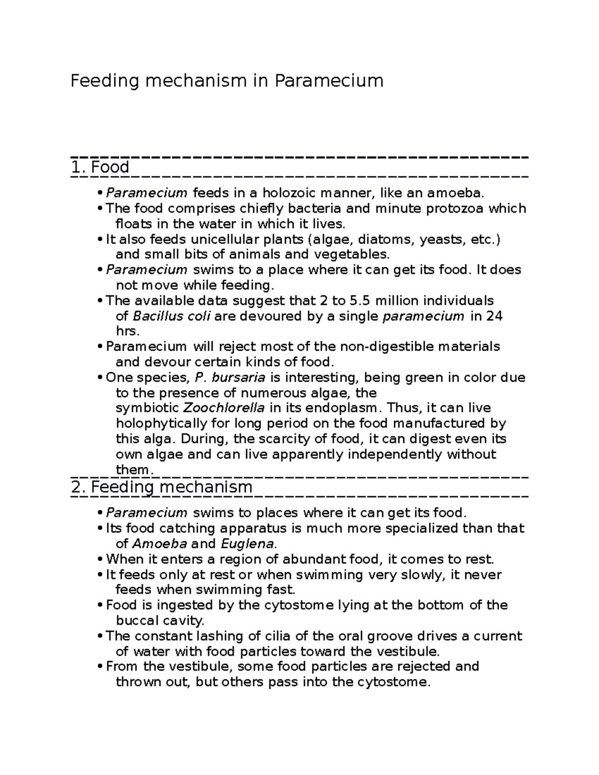 Feeding mechanism in Paramecium - Food Paramecium feeds in a holozoic ...