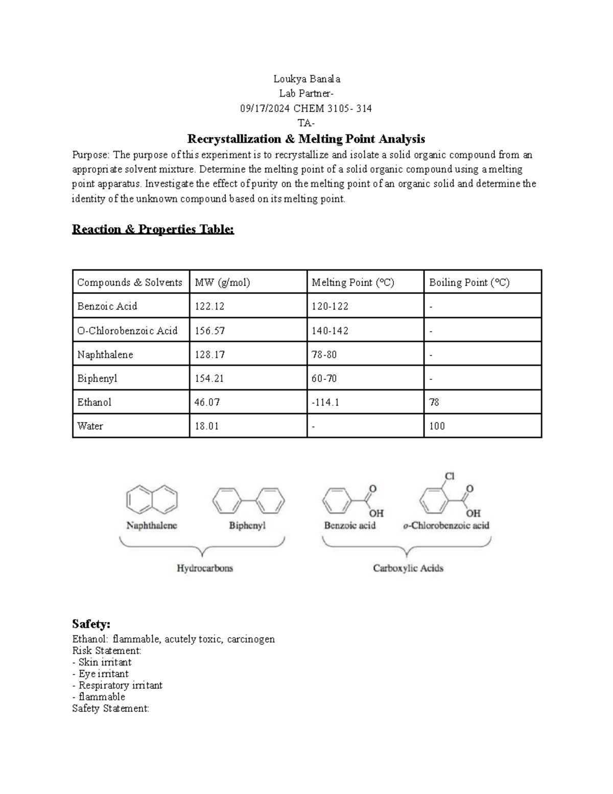 CHEM 3105 Experiment 3 pdff - Loukya Banala Lab Partner- 09/17/2024 ...