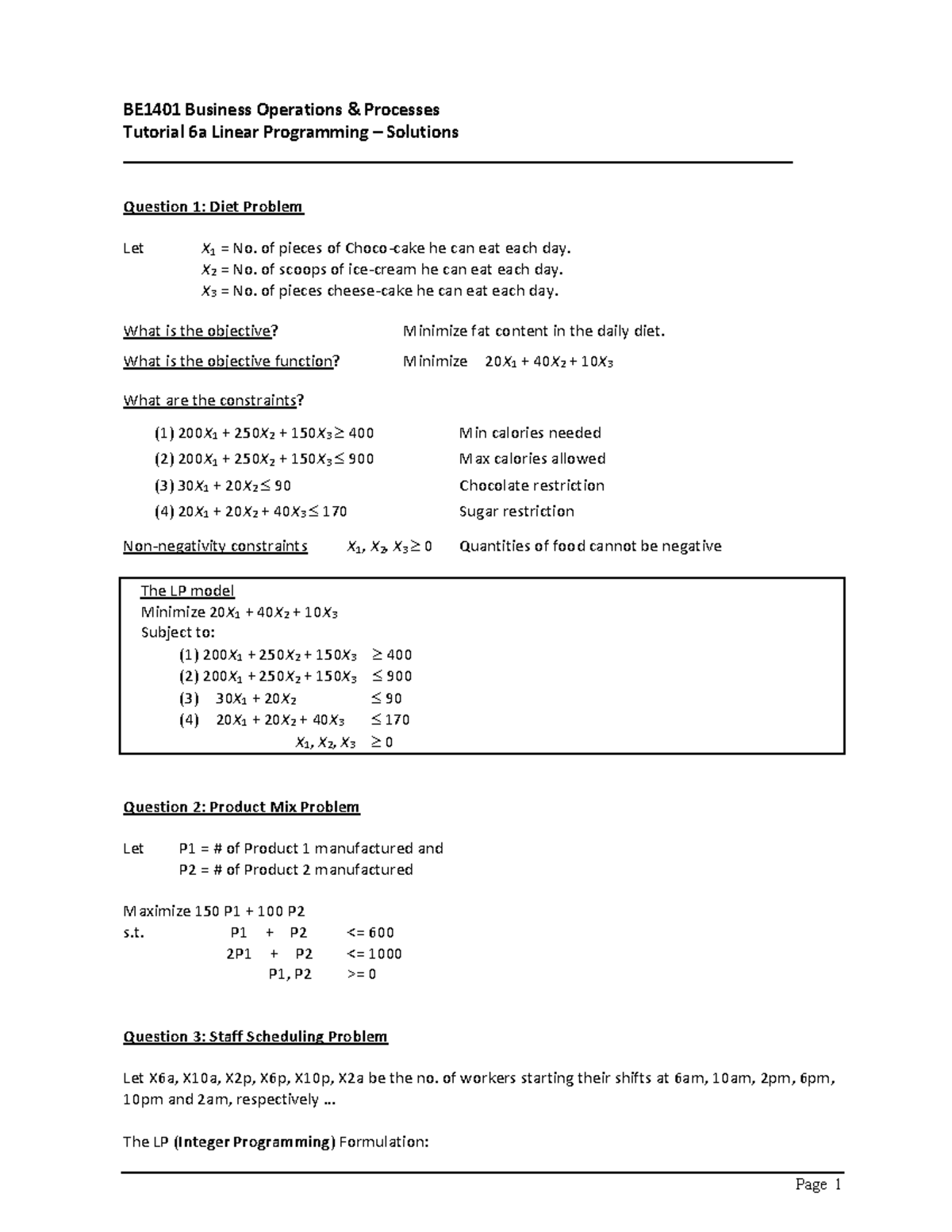 BE1401 Tutorial 6a LP (Solutions) - Page 1 BE1401 Business Operations ...