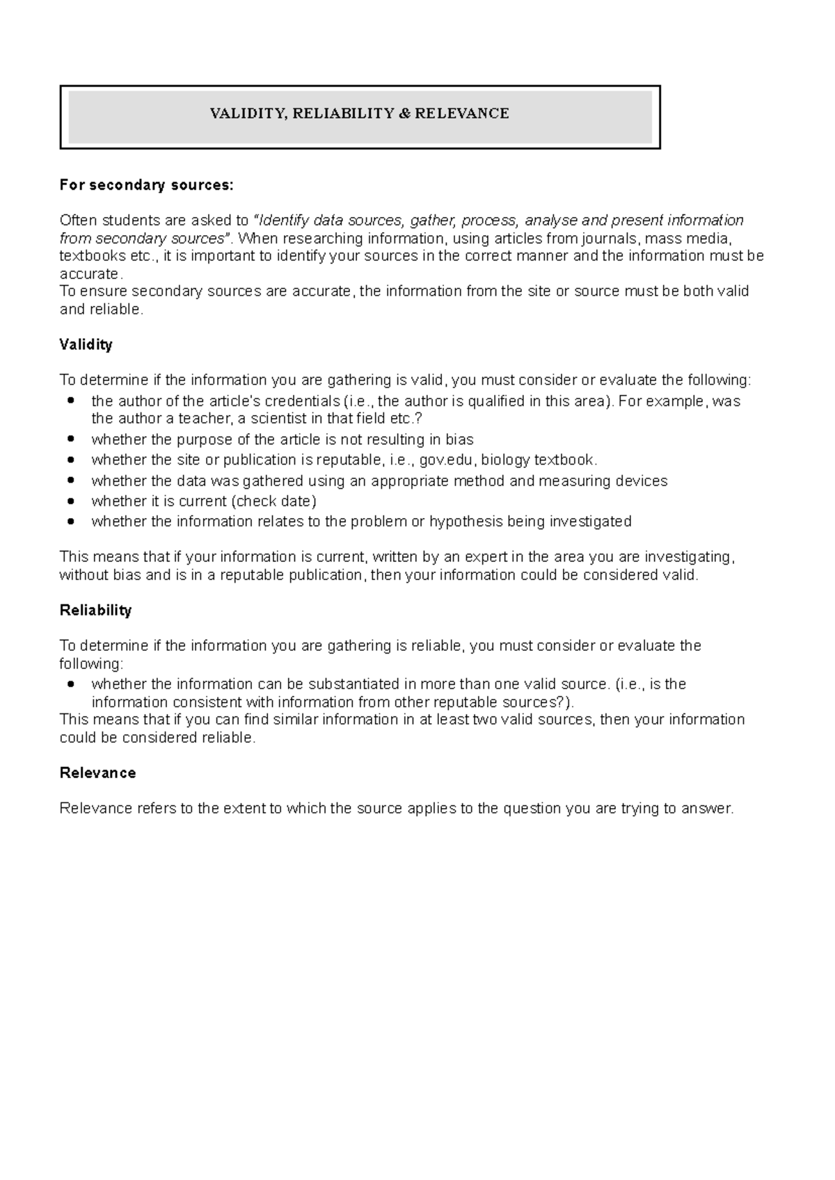 Validity, reliability and relevance - VALIDITY, RELIABILITY & RELEVANCE ...