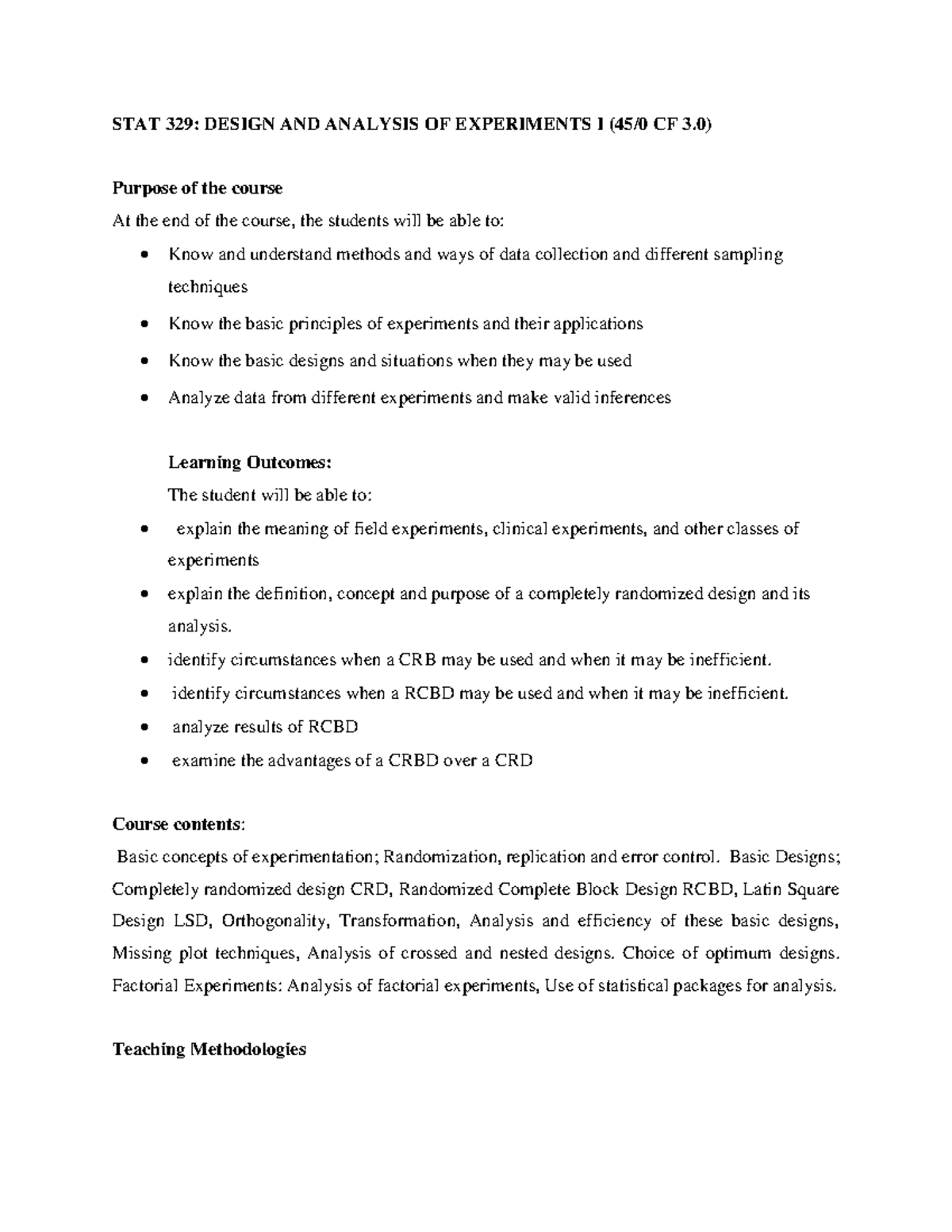 STAT 329 Design and analysis of experiments - STAT 329: DESIGN AND ANALYSIS OF EXPERIMENTS I (45 ...