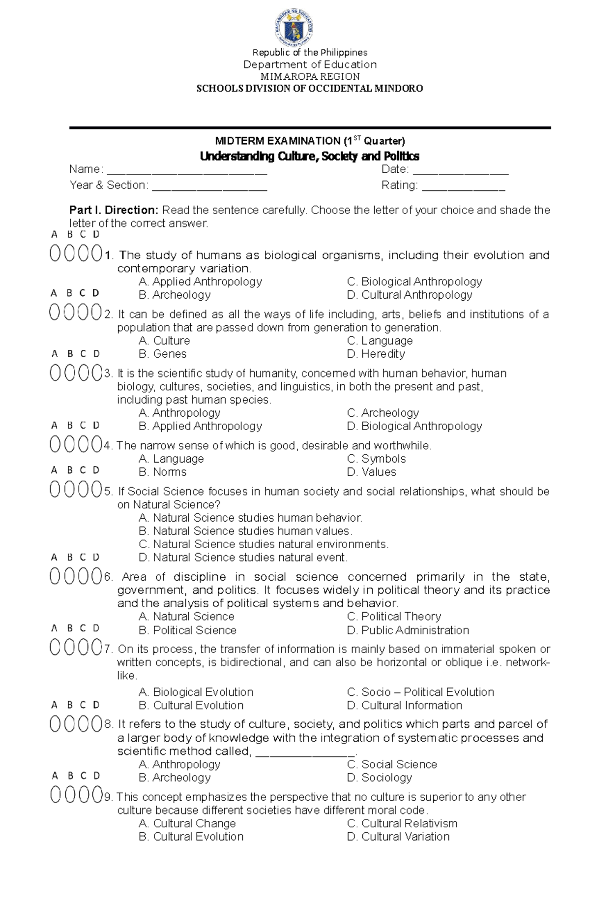 Quarter Exam Final UCSP - Republic of the Philippines Department of ...