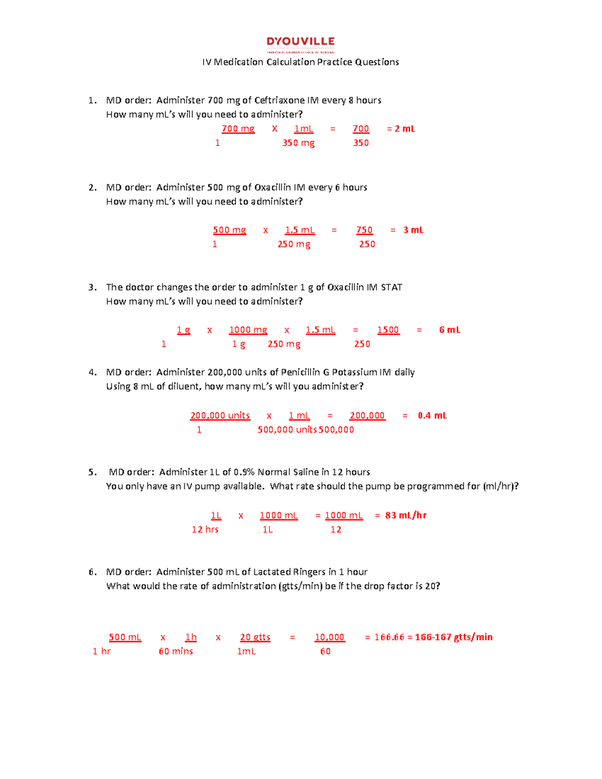 IV Math Practice Questions - Answer KEY - IV Medication Calculation ...