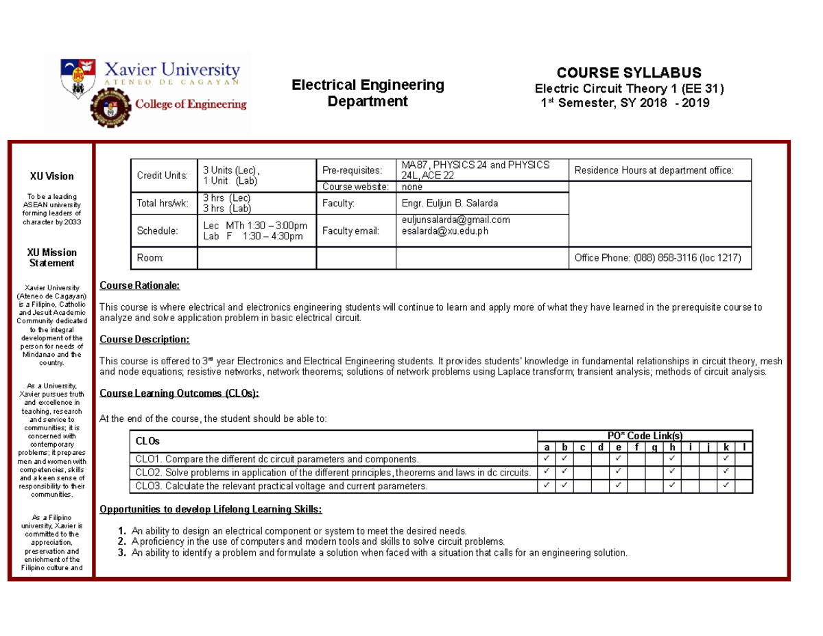 Course Syllabus ACE 13 - Electrical Engineering Department COURSE ...
