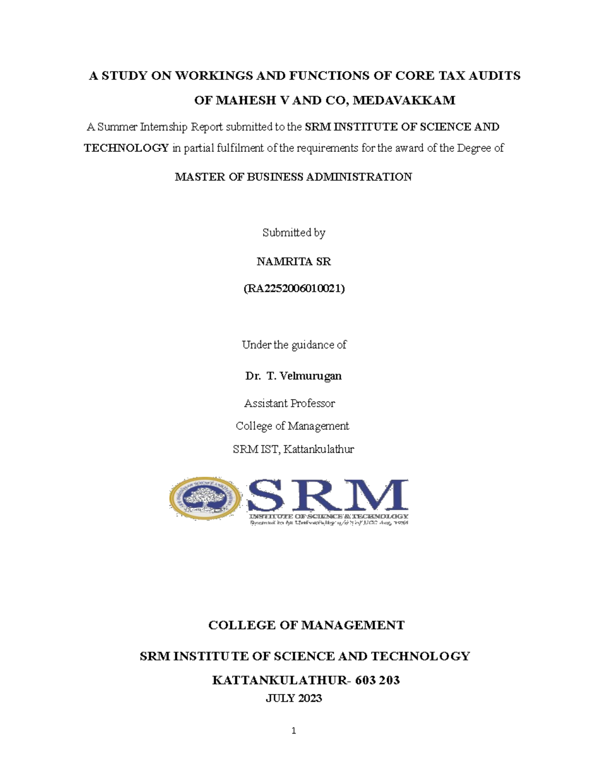 internship report - A STUDY ON WORKINGS AND FUNCTIONS OF CORE TAX AUDITS OF MAHESH V AND CO ...