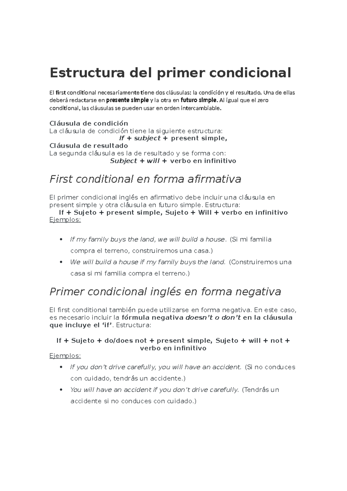 Resumen Ingles Intermedio 3 - Estructura del primer condicional El ...