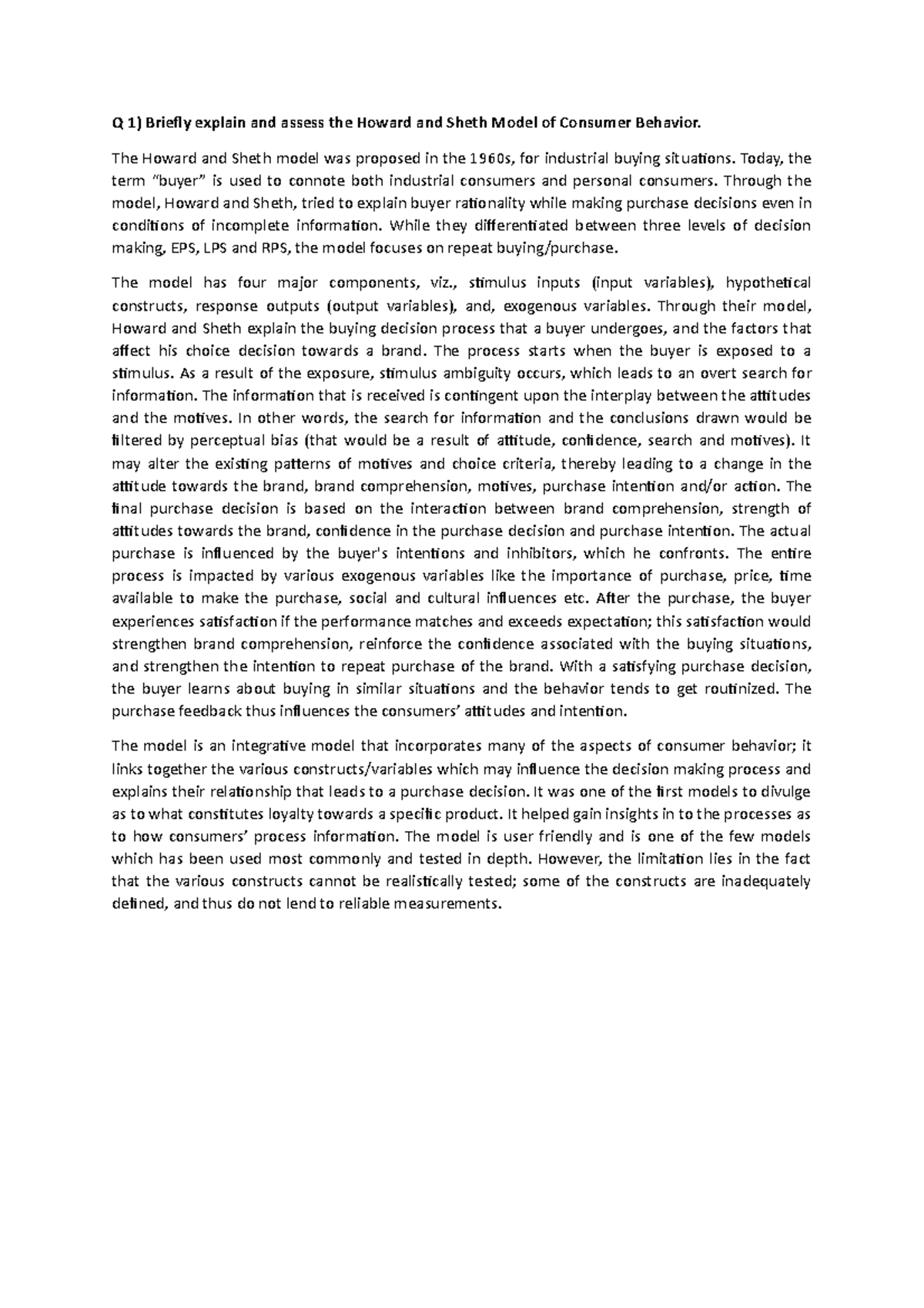 Howard and Sheth Model - Lecture notes for MBA - Q 1) Briefly explain ...