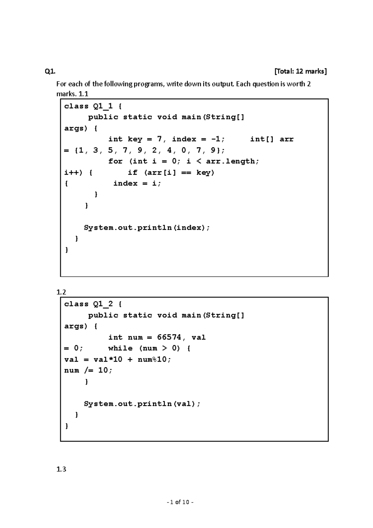 Exam 18s1 Programming Language Q1 Total 12 Marks For Each Of The Following Programs