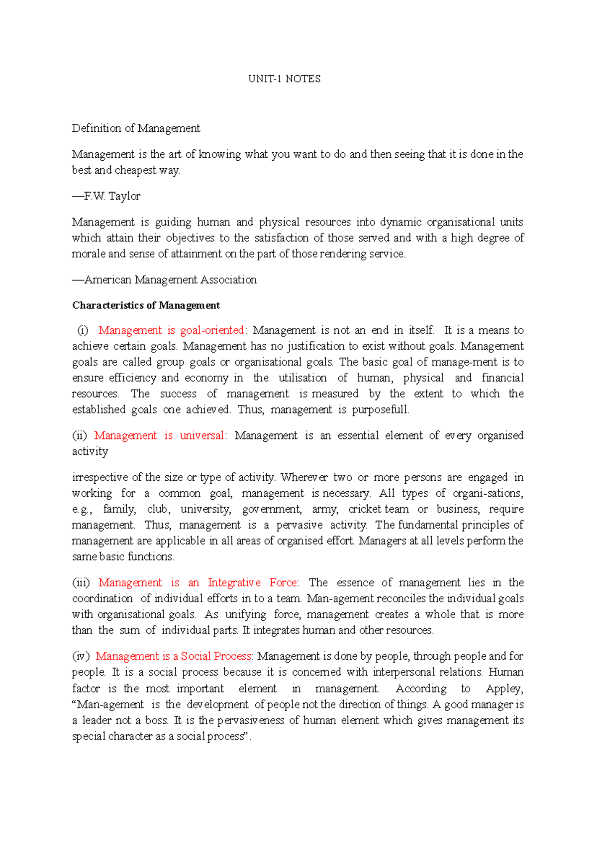 MCP Notes - UNIT-1 NOTES Definition of Management Management is the art ...