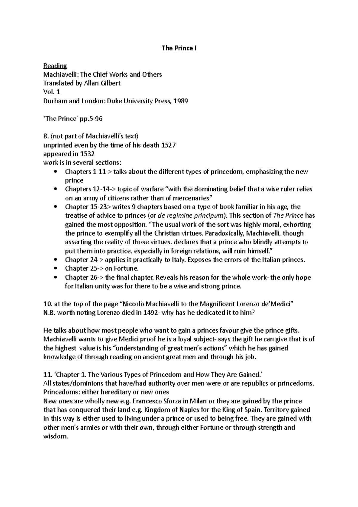 The Prince I - Part 1 of notes - The Prince I Reading Machiavelli: The ...