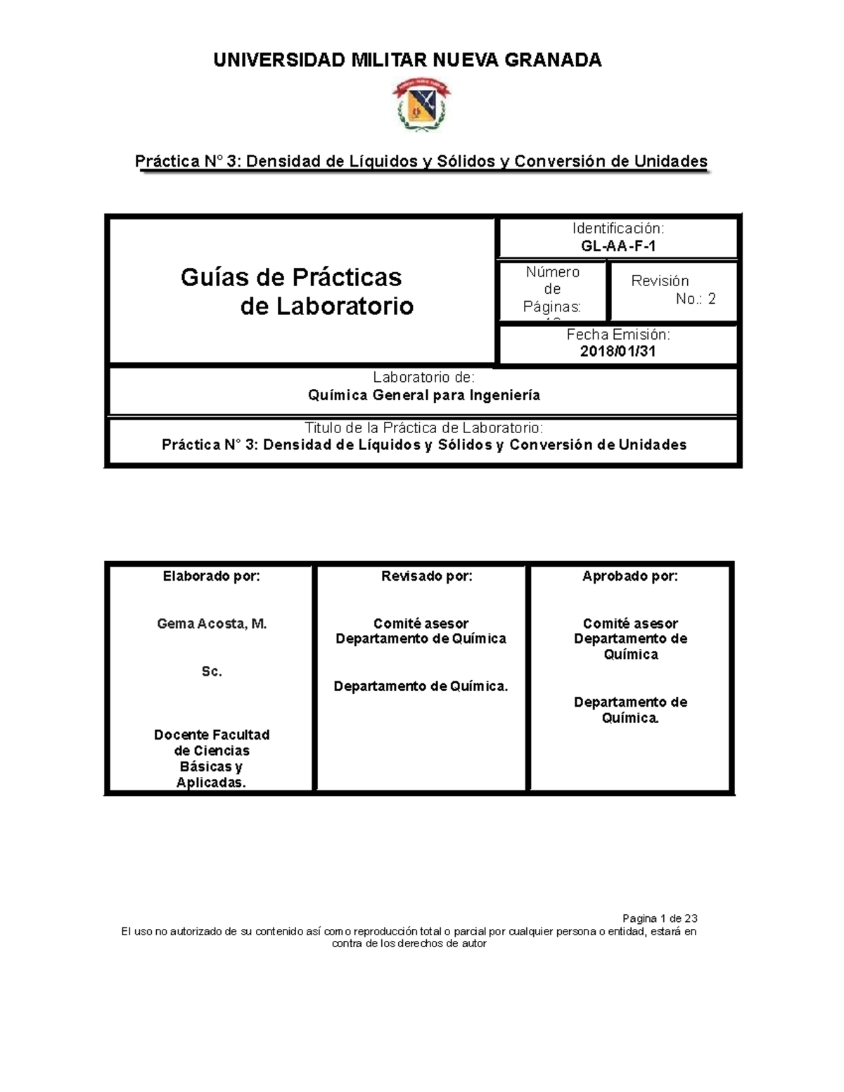 Práctica No 3 Densidad De Líquidos Y Sólidos Y Conversión De Unidades
