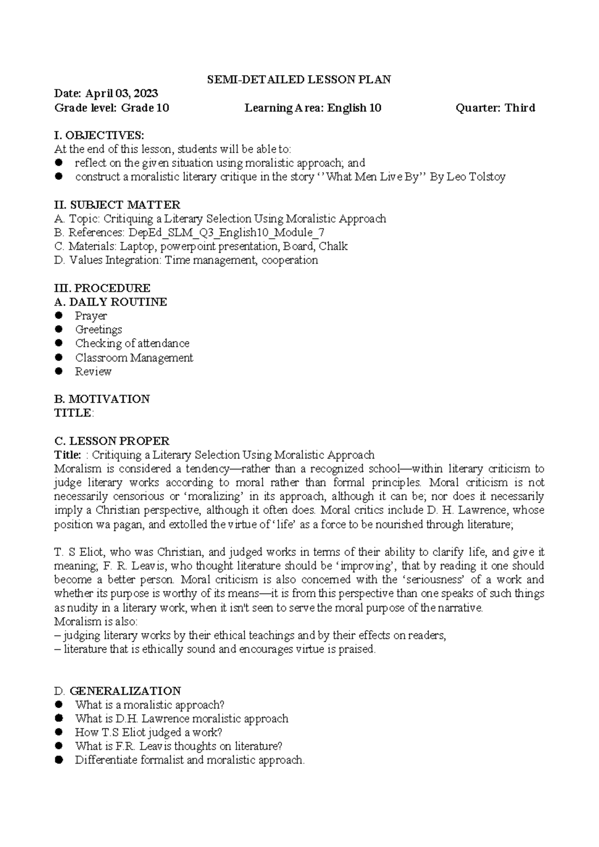 Moralist 1 - SEMI-DETAILED LESSON PLAN Date: April 03, 2023 Grade level ...