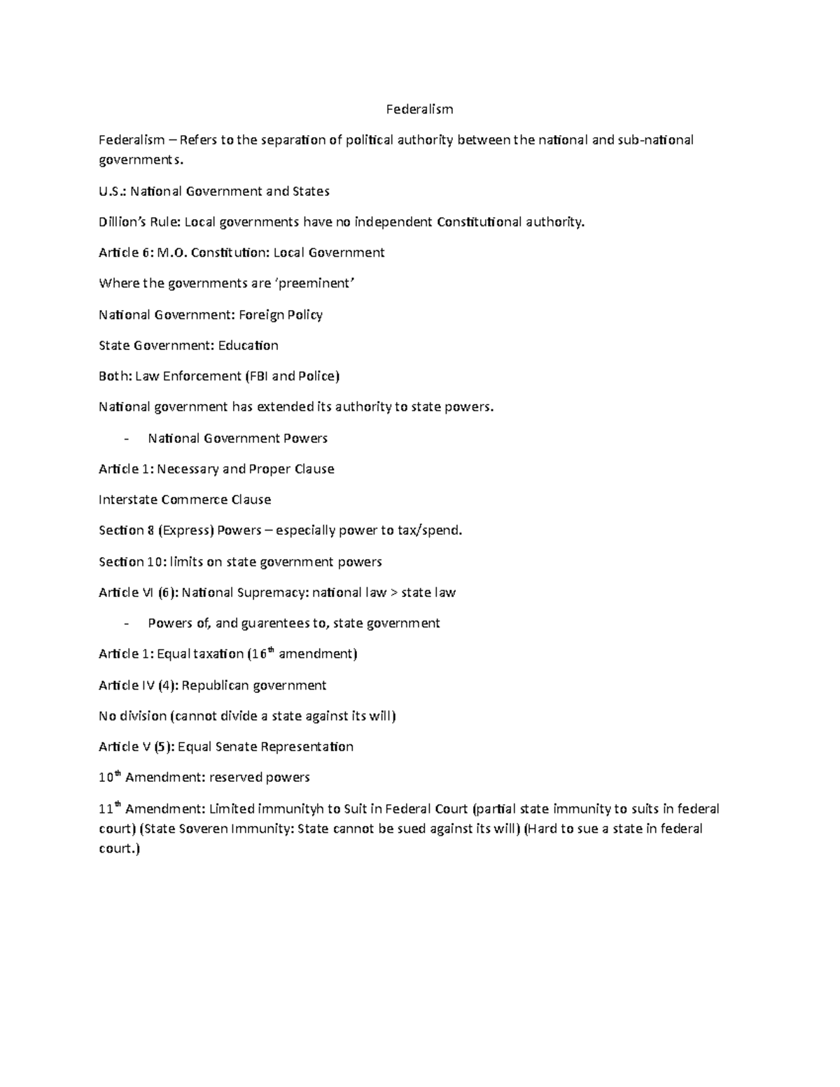 Poli Sci 1000 Sept 9 Lecture Notes - Federalism Federalism – Refers to ...