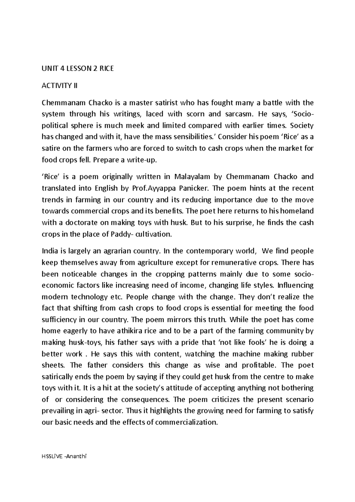 Rice(Poem) - Focus area notes - HSSLiVE -Ananthi UNIT 4 LESSON 2 RICE ...