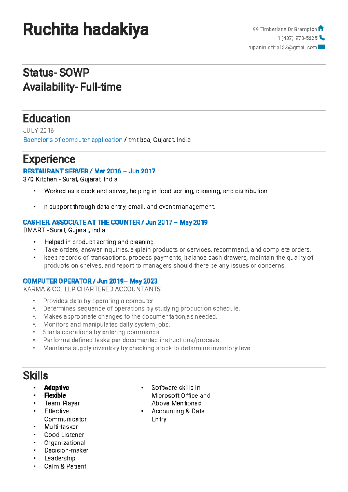 Resume ruchi - nice - Status-SOWP Availability-Full-time Education ...