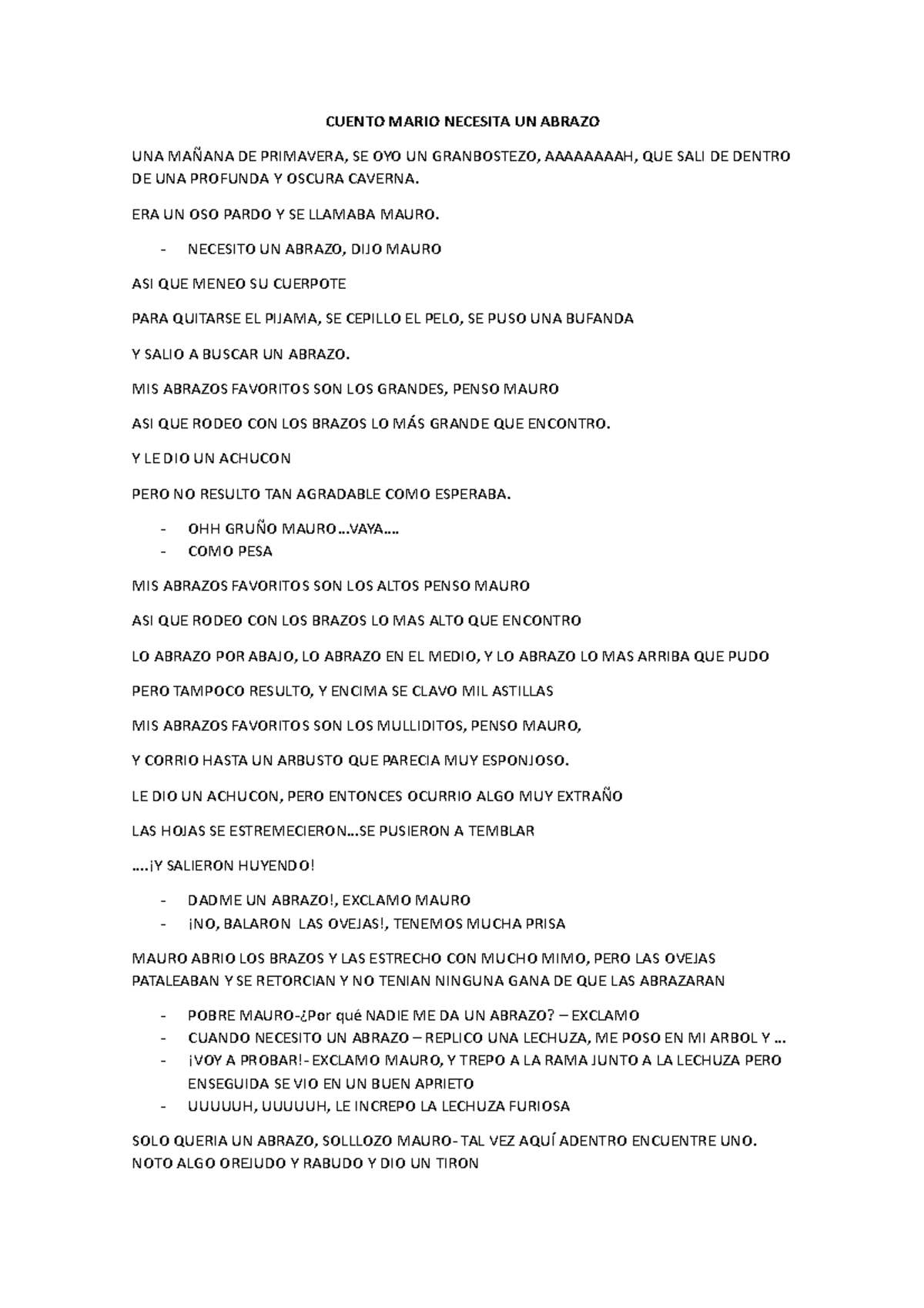 Cuento Mario Necesita UN Abrazo - CUENTO MARIO NECESITA UN ABRAZO UNA ...