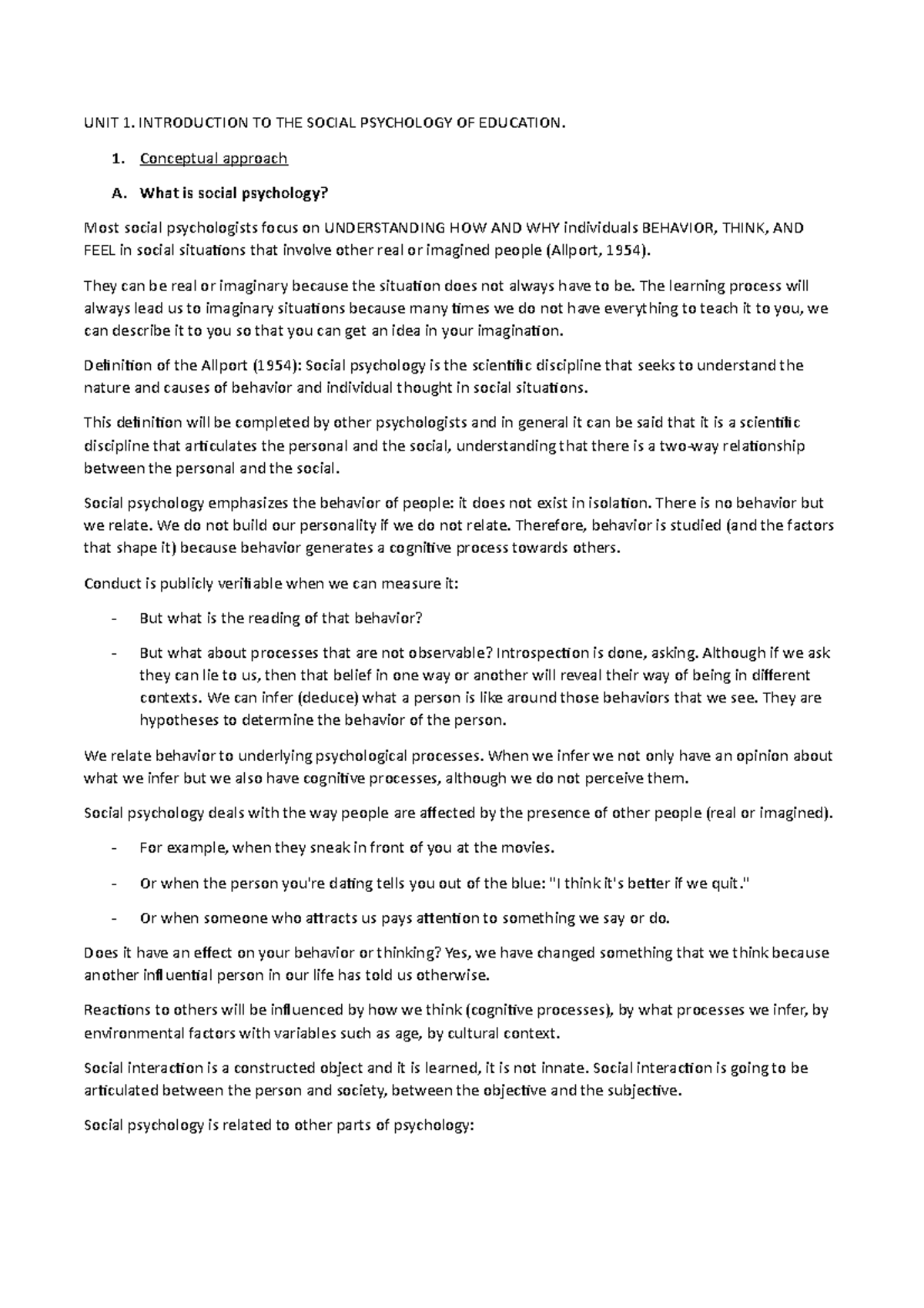 Unit 1 Lecture Notes 1 Unit 1 Introduction To The Social Psychology Of Education 1