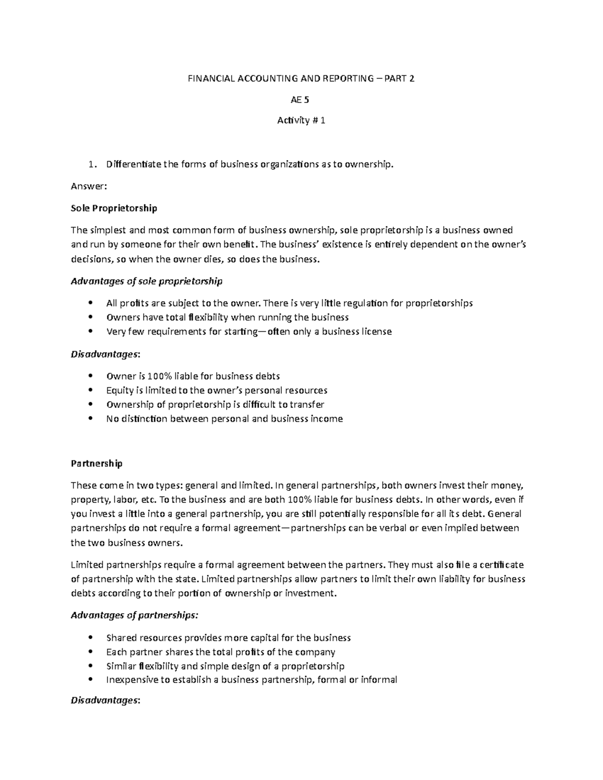 Accounting exercise - FINANCIAL ACCOUNTING AND REPORTING – PART 2 AE 5 ...