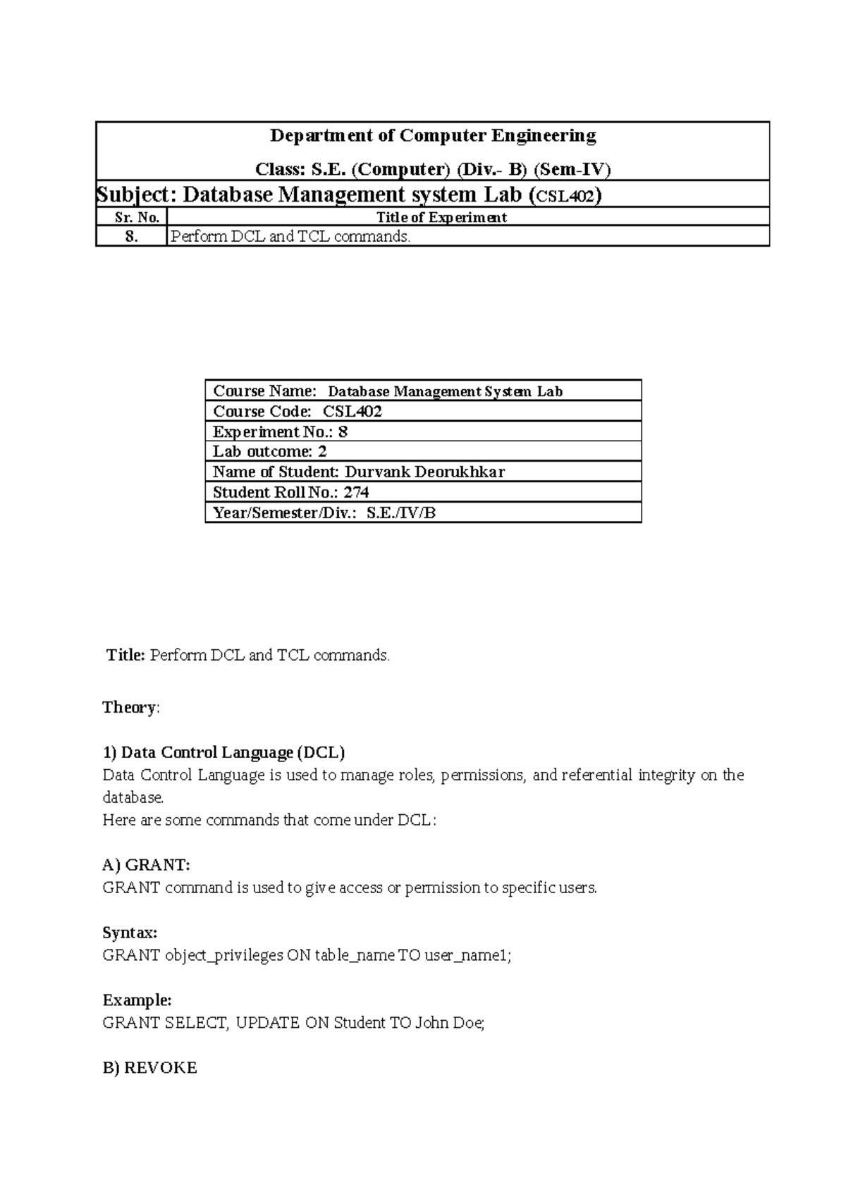 DBMS Practical 8 - Department of Computer Engineering Class: S ...