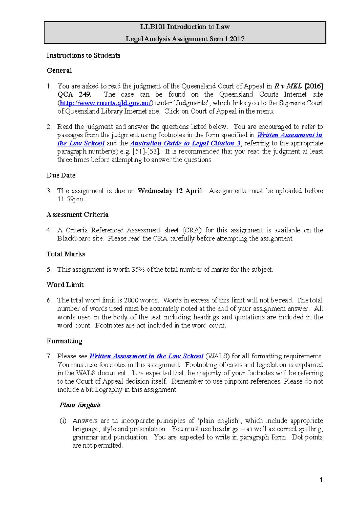 Answer Guide LLB101 Assignment Sem 1 2017 Blackboard - LLB101 ...