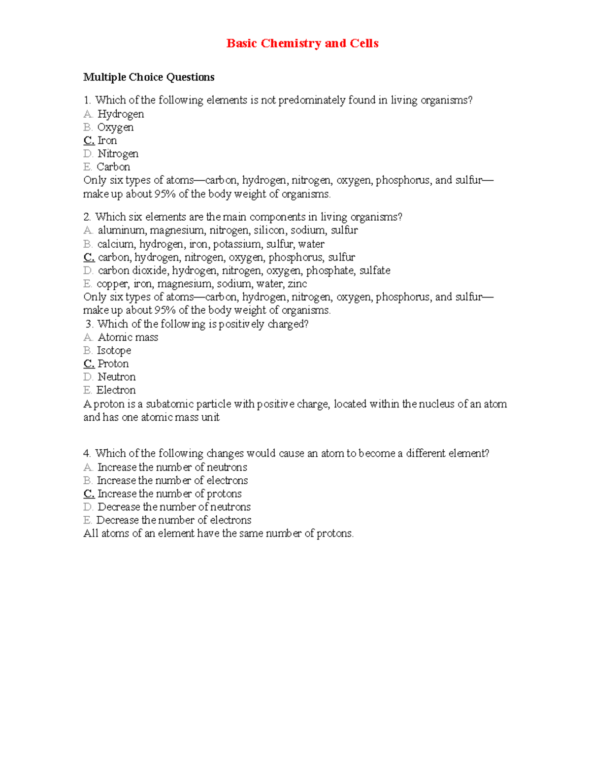 Basic Chemistry and Cells - Basic Chemistry and Cells Multiple Choice ...