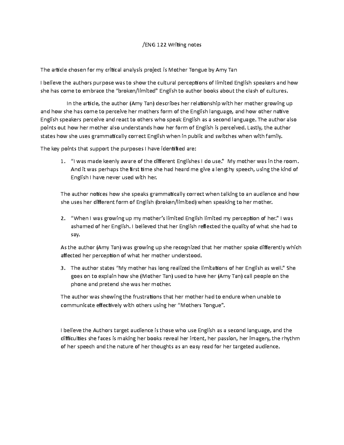 ENG 122 Writing notes-Edward R - /ENG 122 Writing notes The article ...