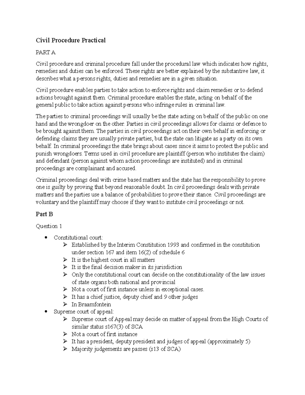 Civil Procedure Practical 1 - Civil Procedure Practical PART A Civil ...