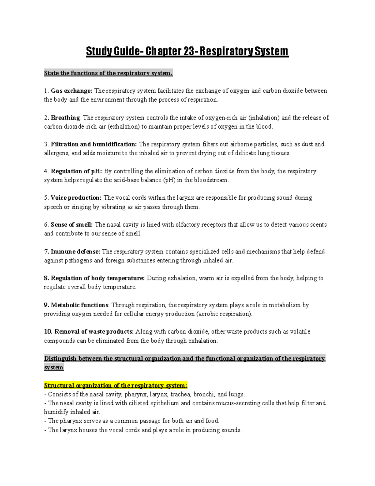 Study Guide- Chapter 23- Respiratory System - Gas exchange: The ...