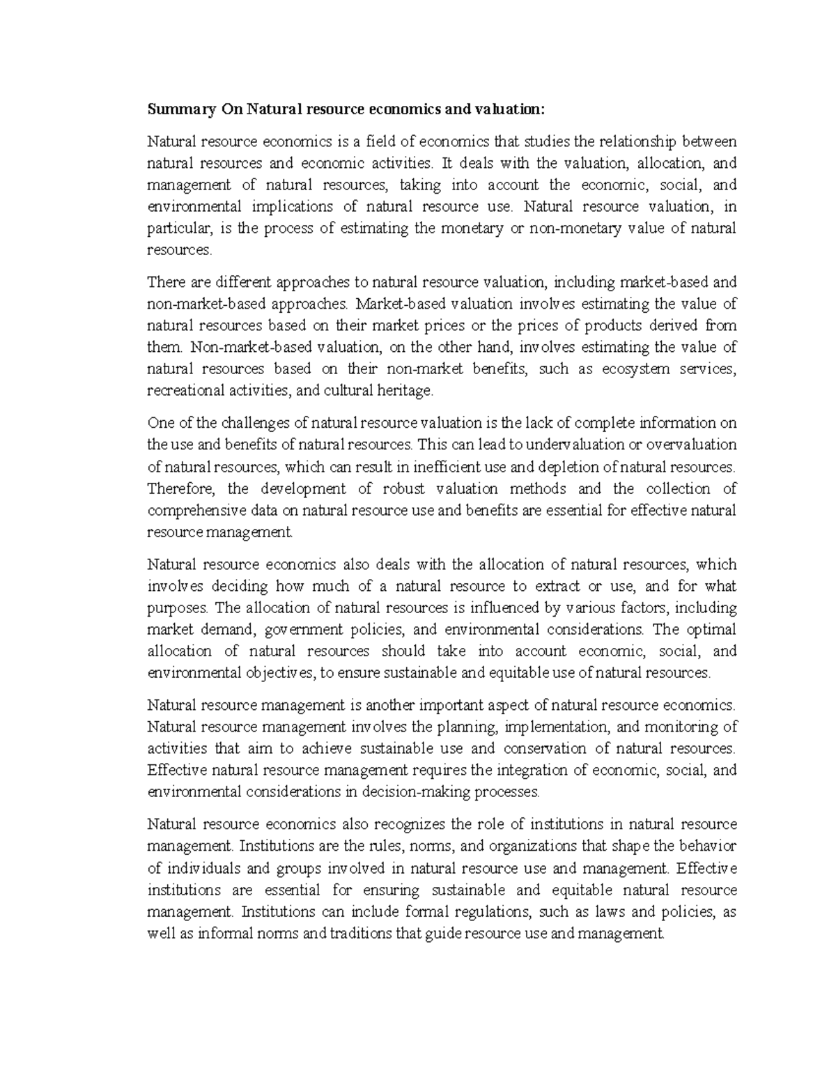 Summary On Natural resource economics and valuation - It deals with the ...
