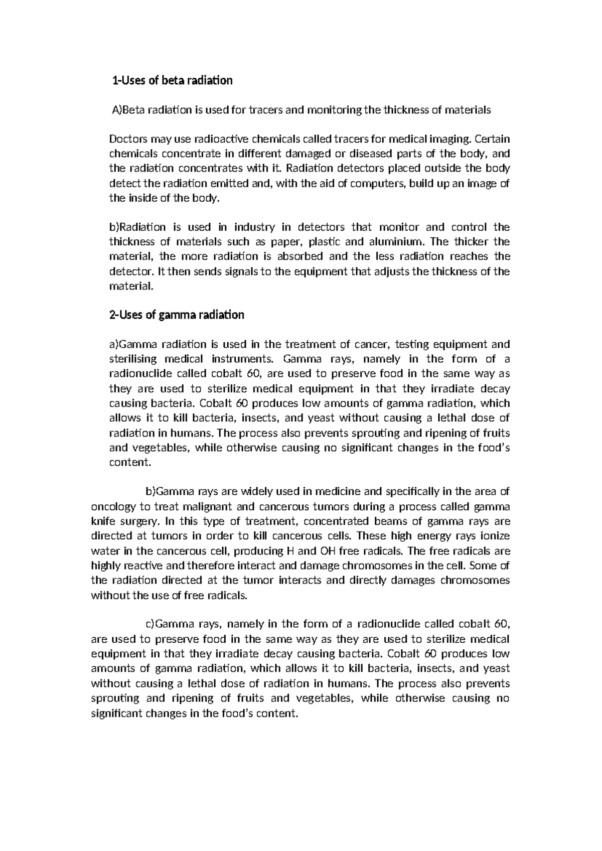 Physics - exams - 1-Uses of beta radiation A)Beta radiation is used for ...
