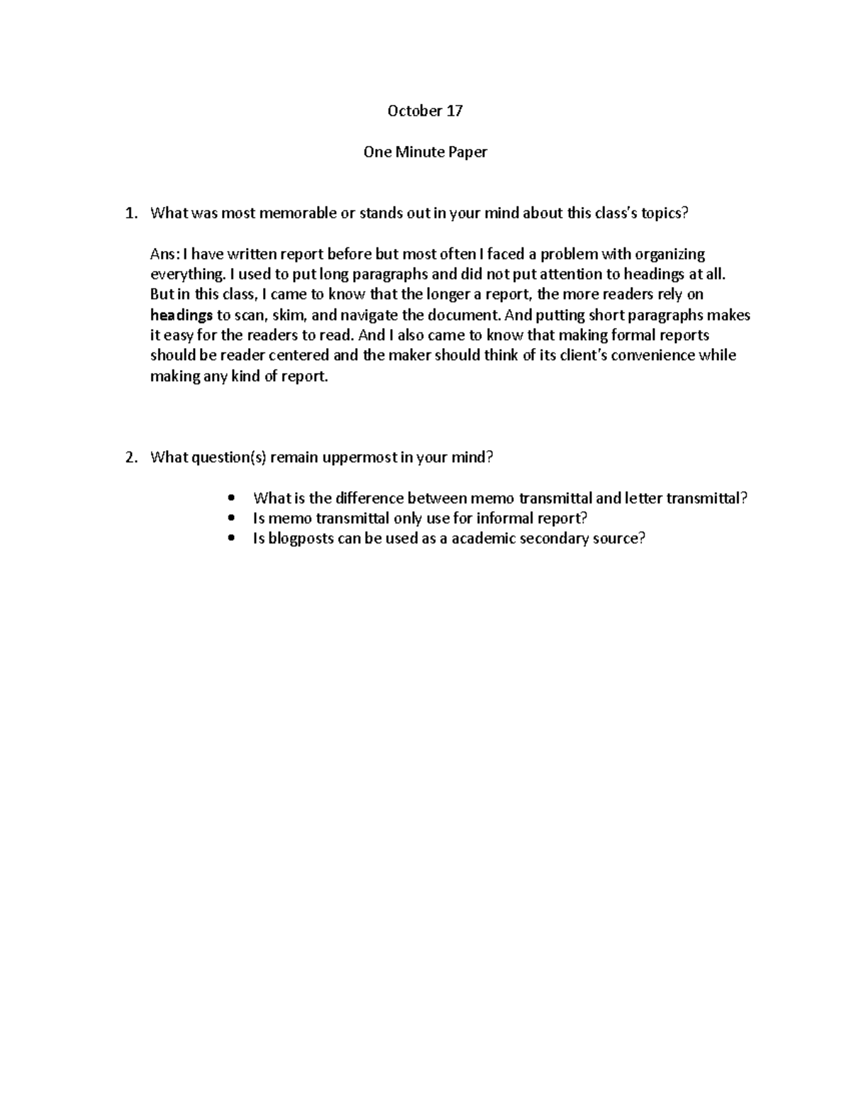 October 17 - paper material - October 17 One Minute Paper What was most ...