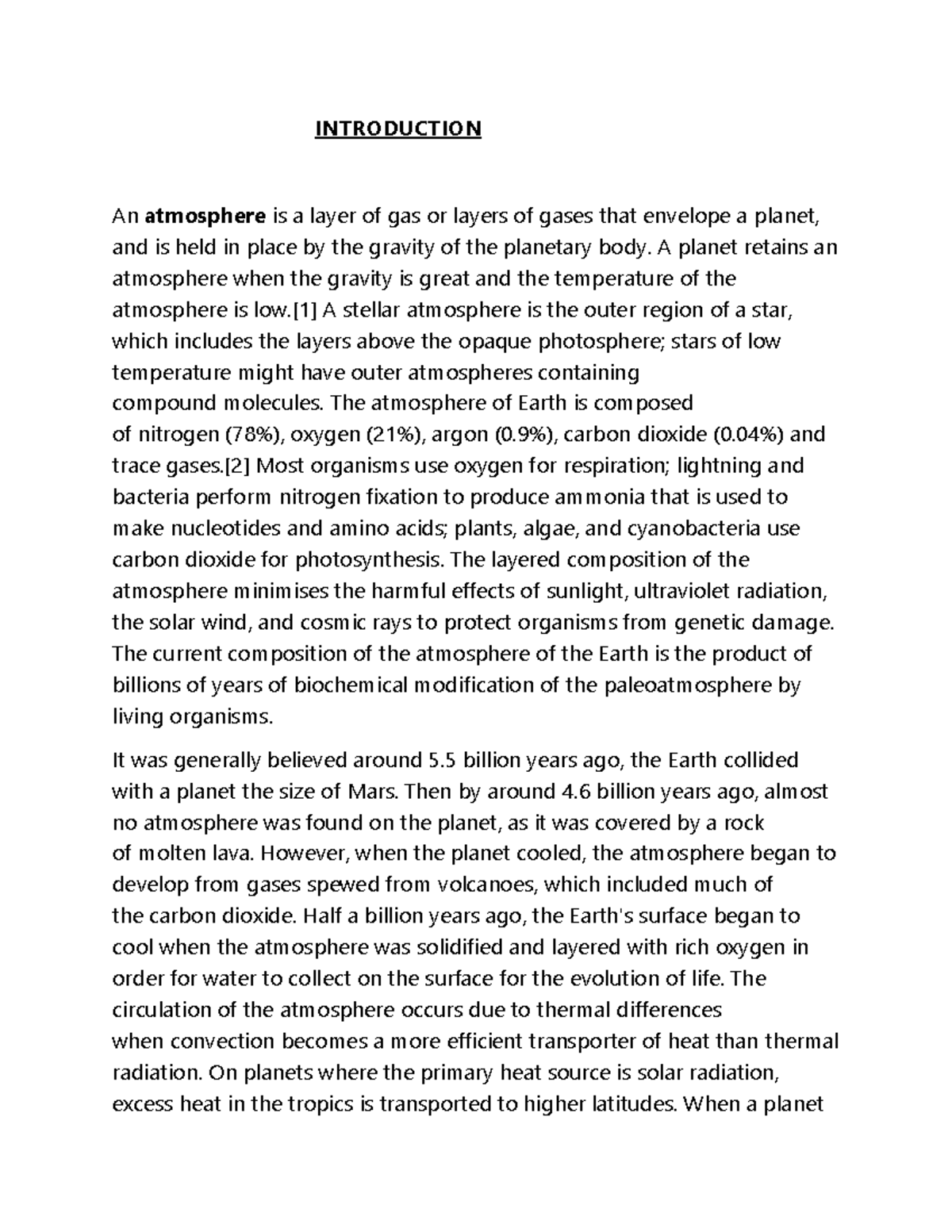 Atmosphere - INTRODUCTION An atmosphere is a layer of gas or layers of ...