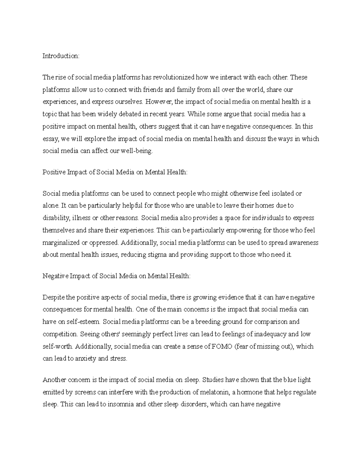 Title The Impact of Social Media on Mental Health - Introduction: The ...