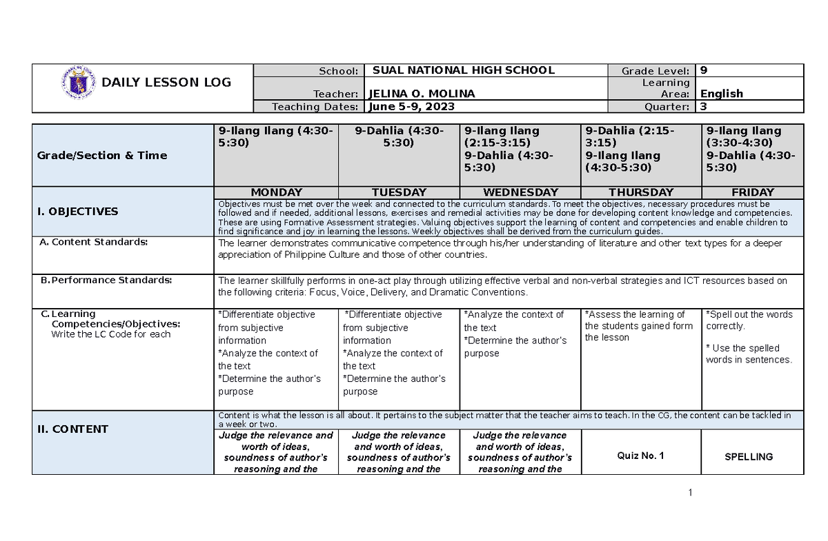 Grade 9-June 5-9, 2023 - sample lesson plan - DAILY LESSON LOG School ...