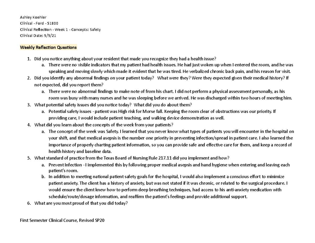 Clinical Reflection - Ashley Koehler Clinical - Ford - 51800 Clinical ...