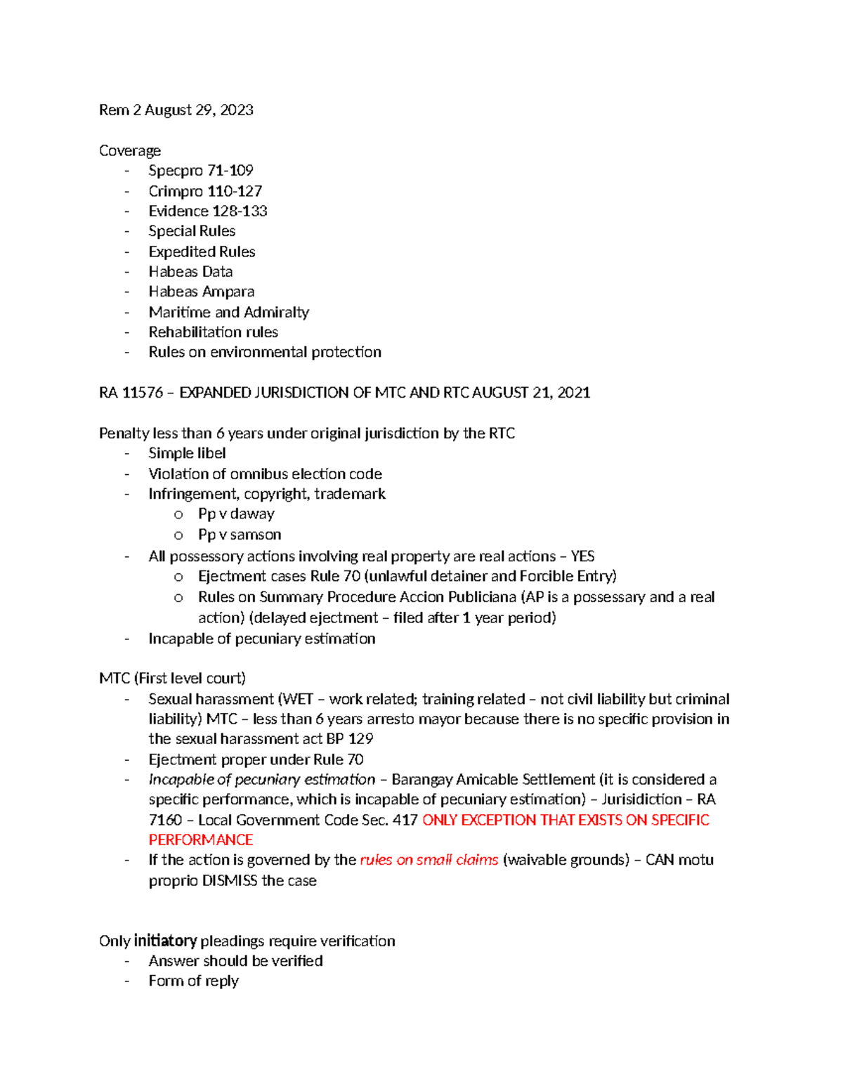 Rem2 Notes - Rem 2 August 29, 2023 Coverage - Specpro 71- Crimpro 110 ...