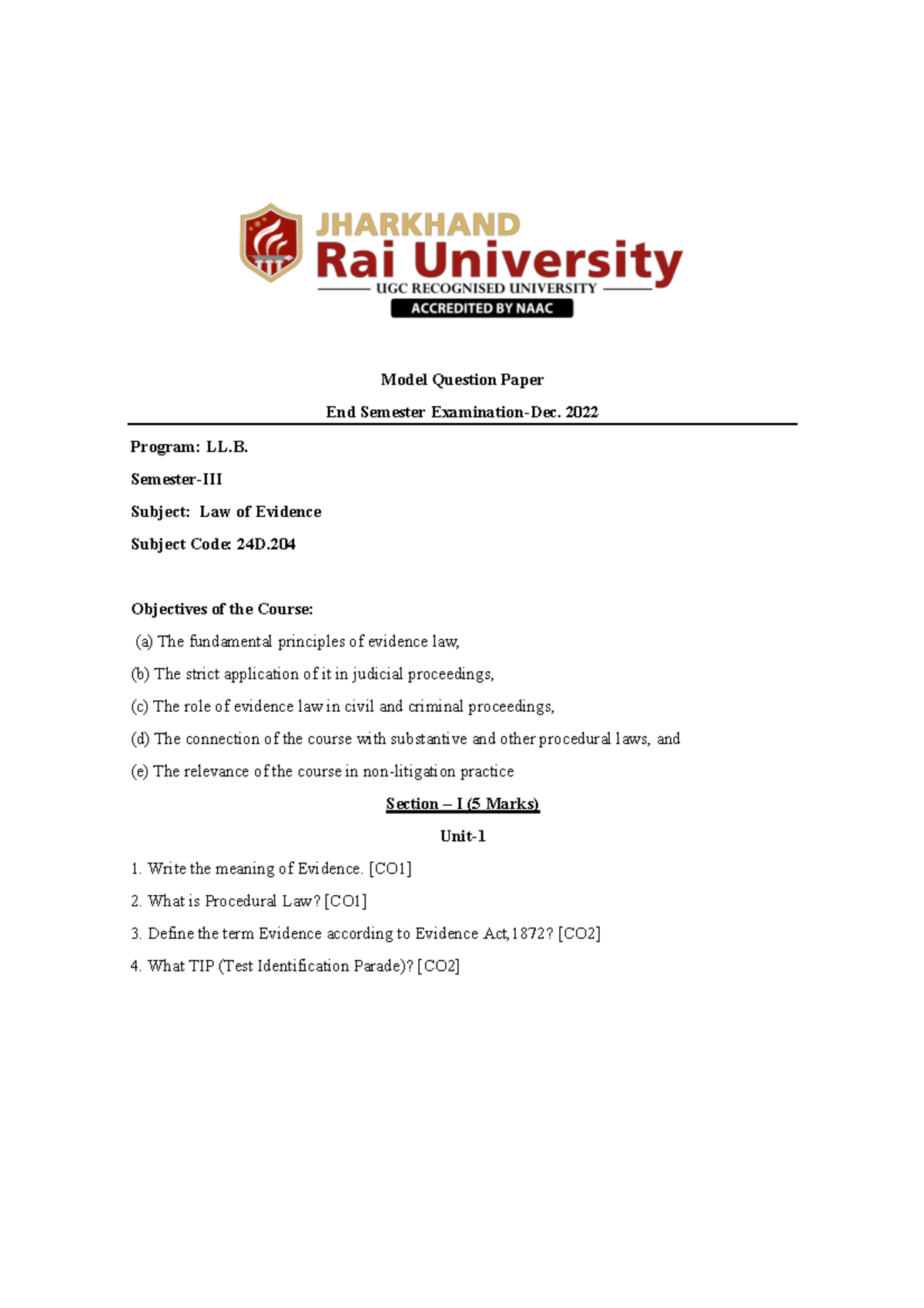 Evidence sample paper - Model Question Paper End Semester Examination ...