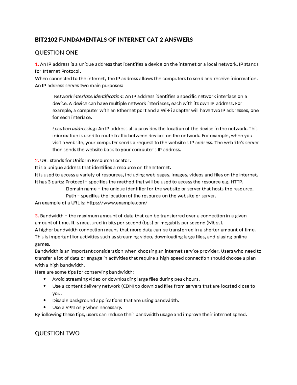 BIT2102 Fundamentals OF Internet CAT 2 Answers - BIT2102 FUNDAMENTALS ...