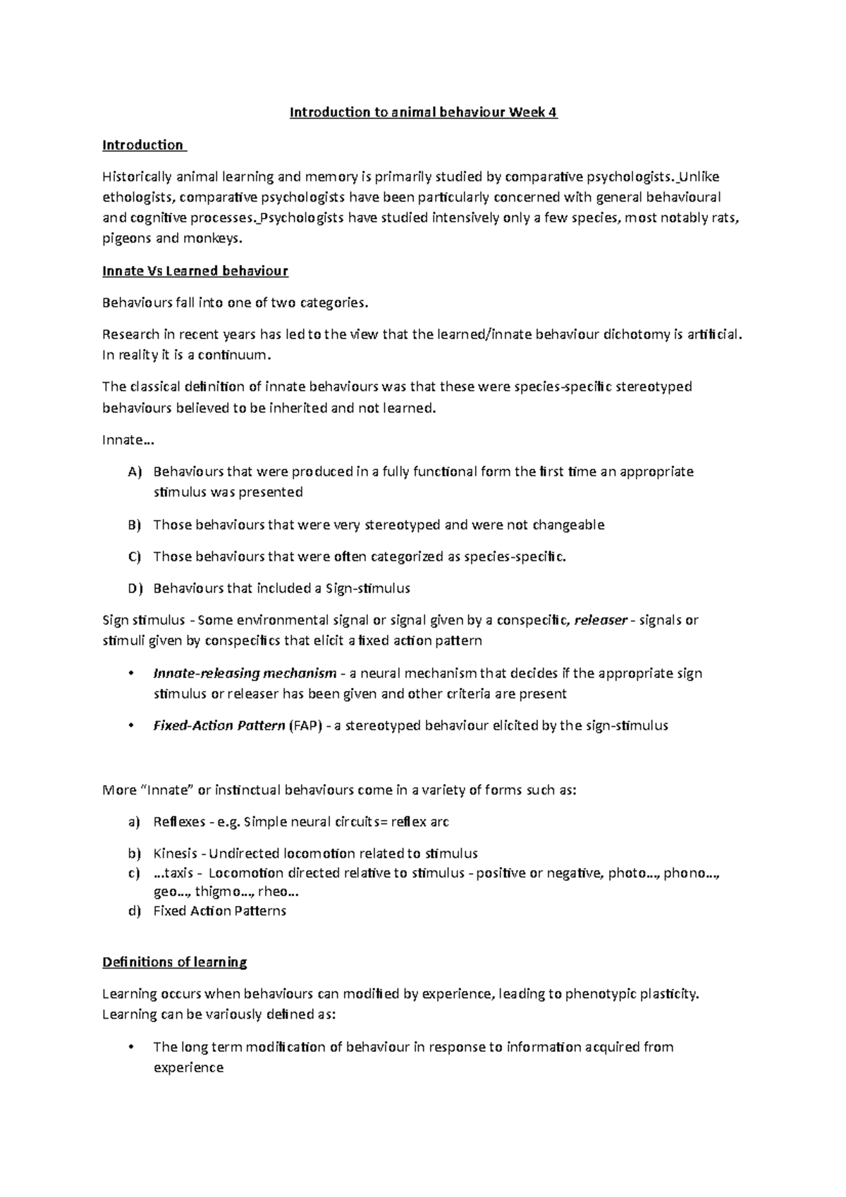 Innate vs learned - Introduction to animal behaviour Week 4 ...