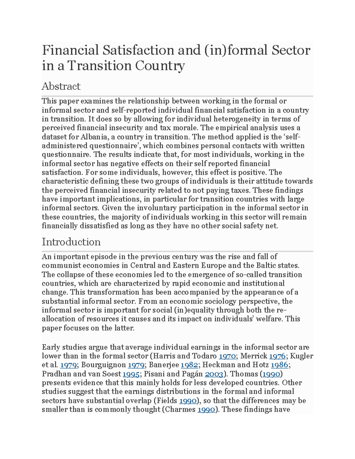 Financial Satisfaction and informal sector in a transition country ...