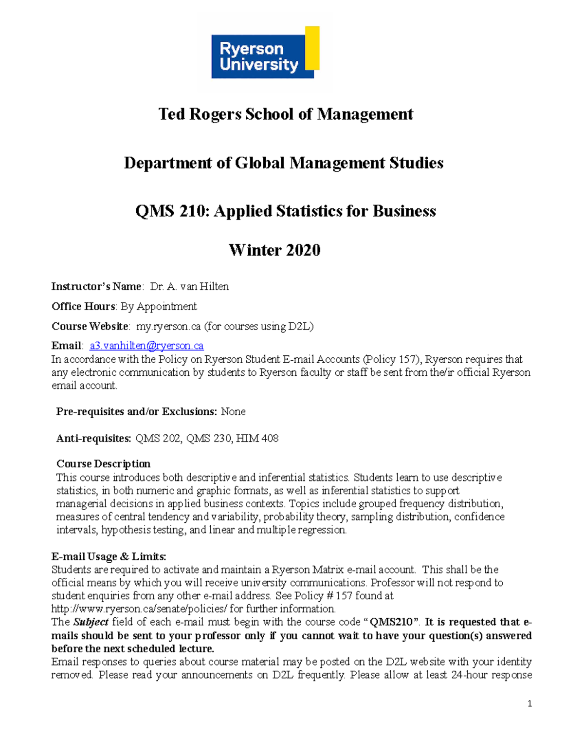QMS 210 - Course Outline Winter 2020 Final - Ted Rogers School of ...